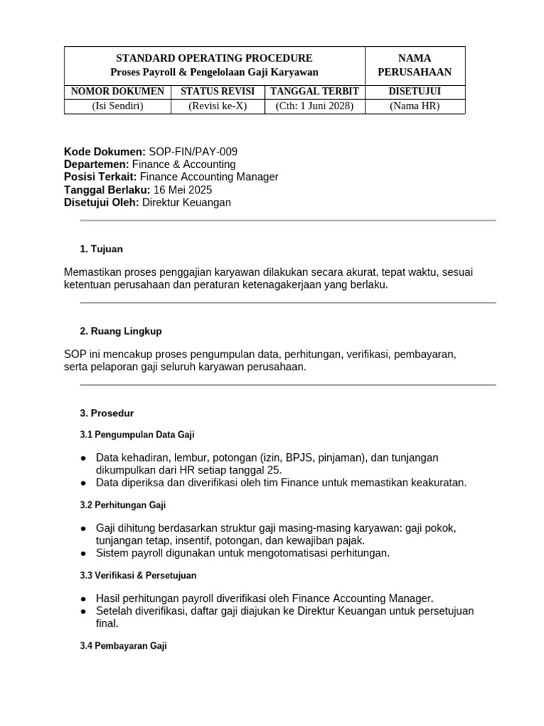 SOP Proses Payroll & Pengelolaan Gaji Karyawan | PDF
