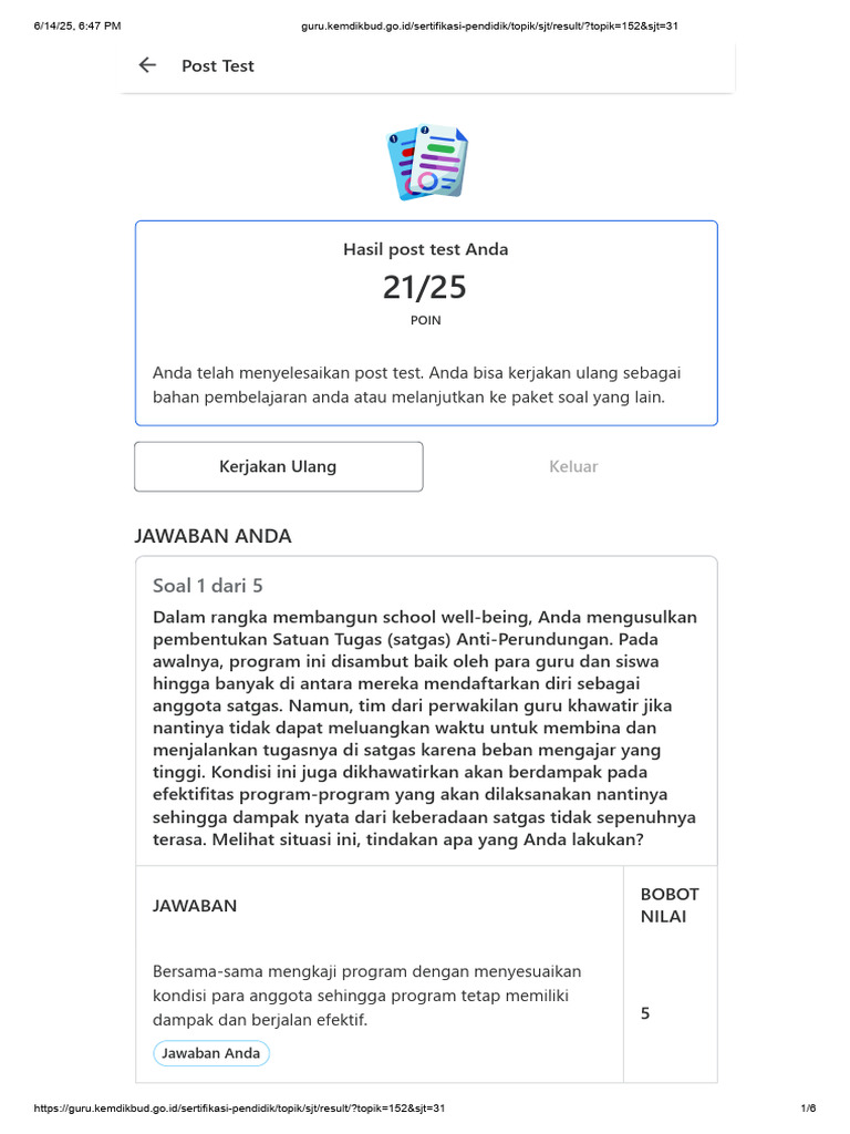 Hasil Post Test PSE 1 Siswa | PDF