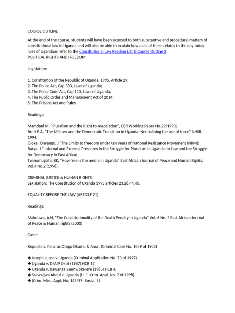 Uganda Constitutional Law Course Outline | PDF | Feminism | Gender Studies