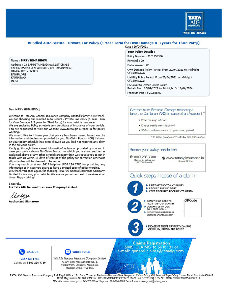 Tata AIG Car Insurance Policy Details | PDF | Insurance | Deductible