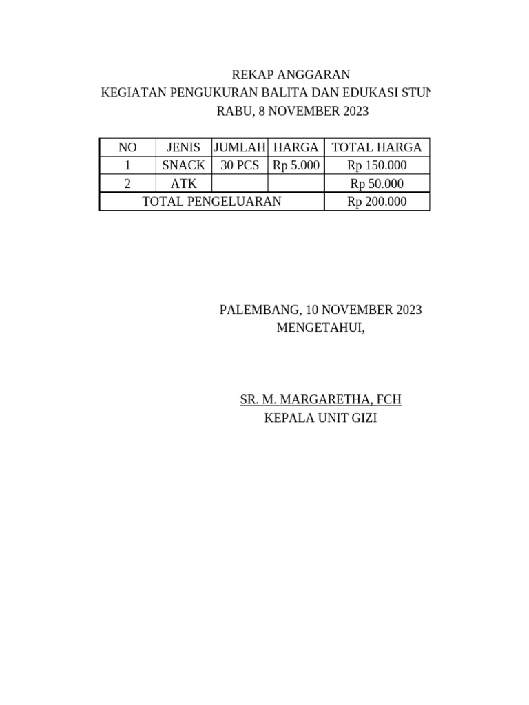 Rekap Anggaran Kegiatan Stunting | PDF