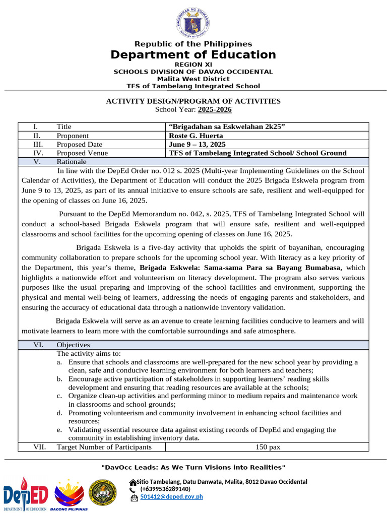 Activity Design For Brigada - 094131 | PDF | Learning