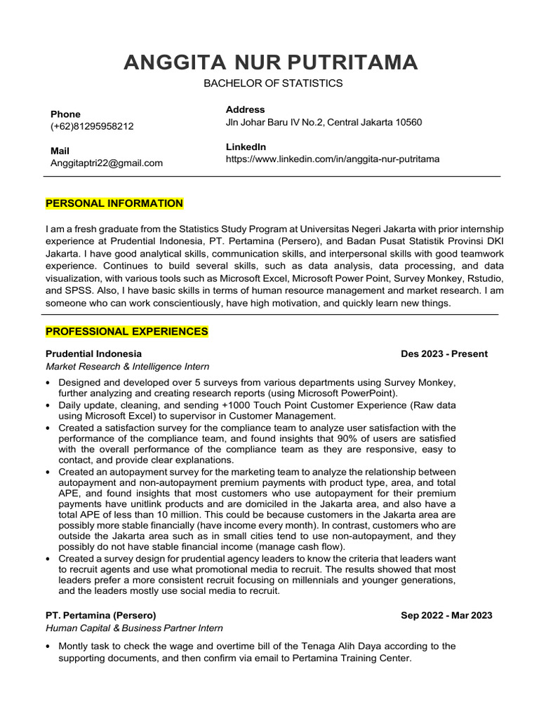 CV (Anggita Nur Putritama) | PDF | Business