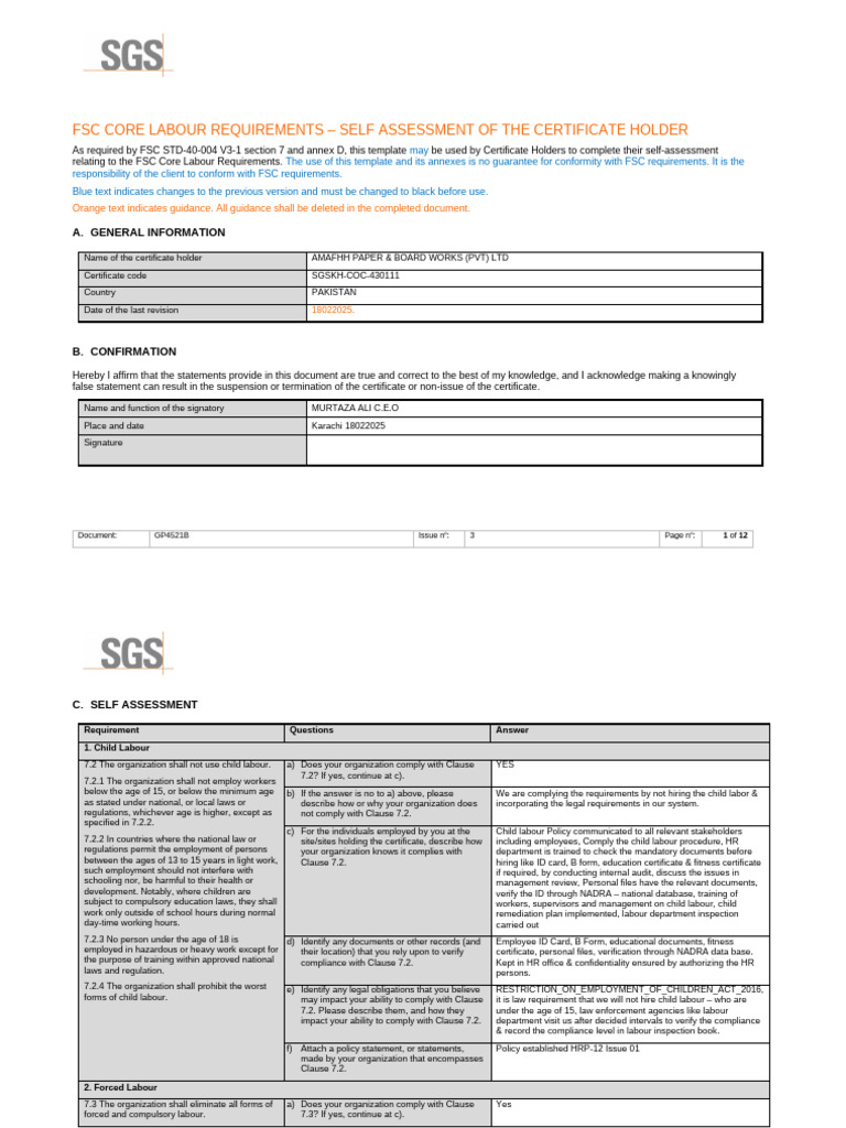 GP4521B FSC Labour Requirements - Self Assessment - V3 | PDF | Employment | Forest Stewardship ...