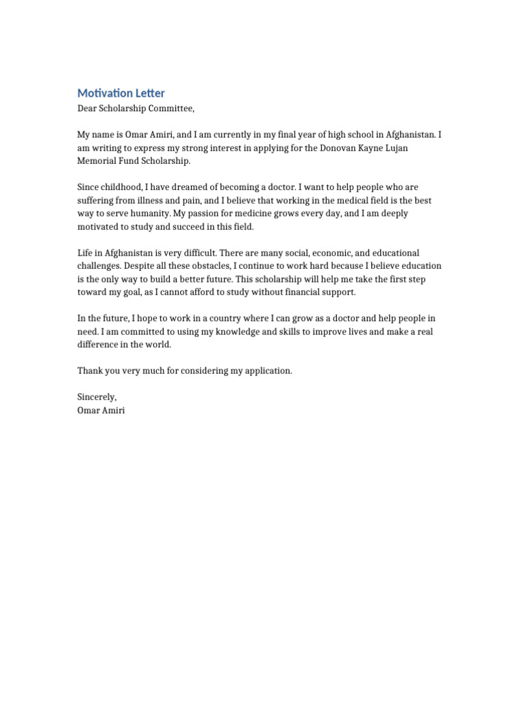 Omar Amiri Motivation Letter | PDF