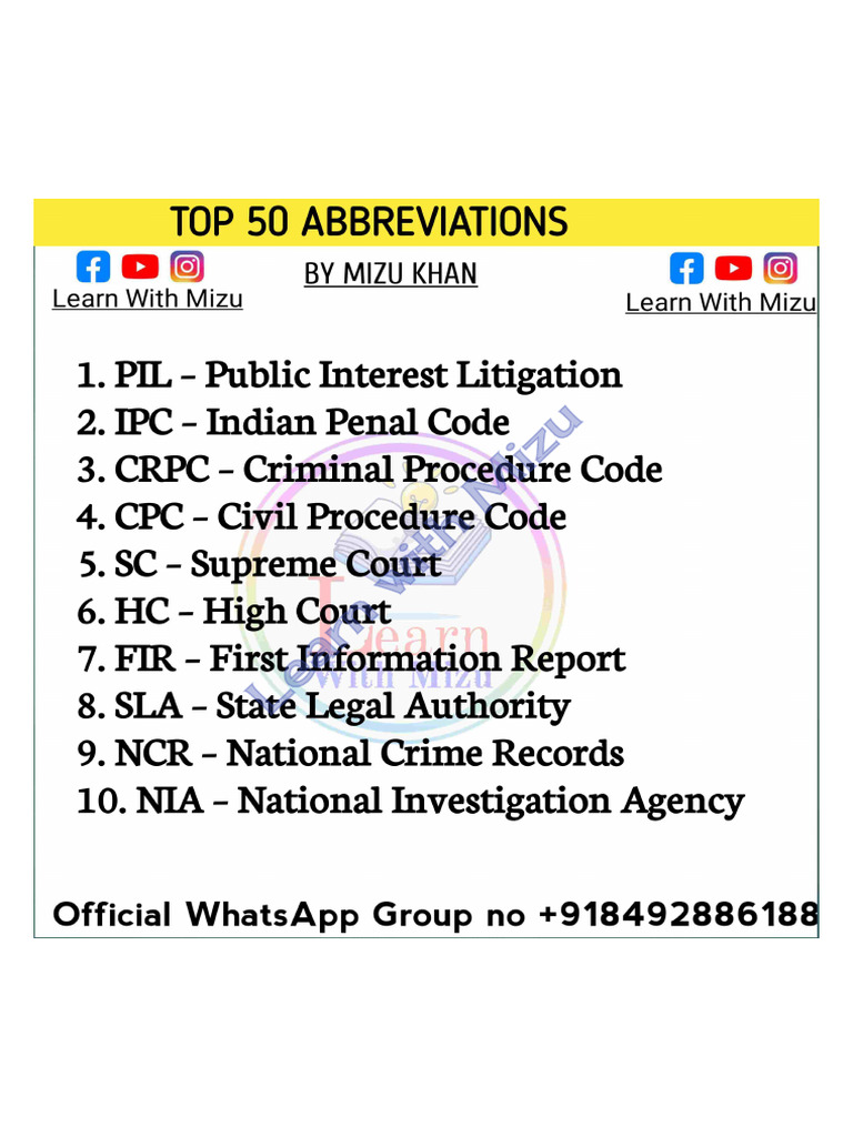 50 Abbreviations For High Court Exam Junior Assistant by Learn With ...