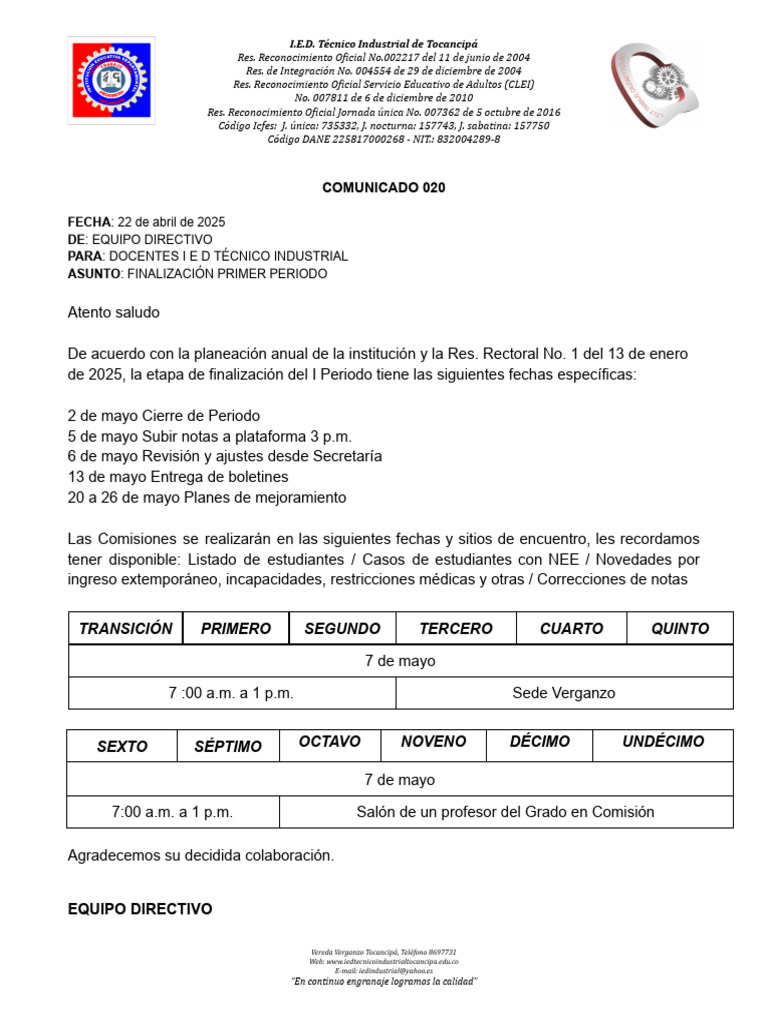 Comunicado 020 Finalización de Primer Periodo y Comisiones | PDF