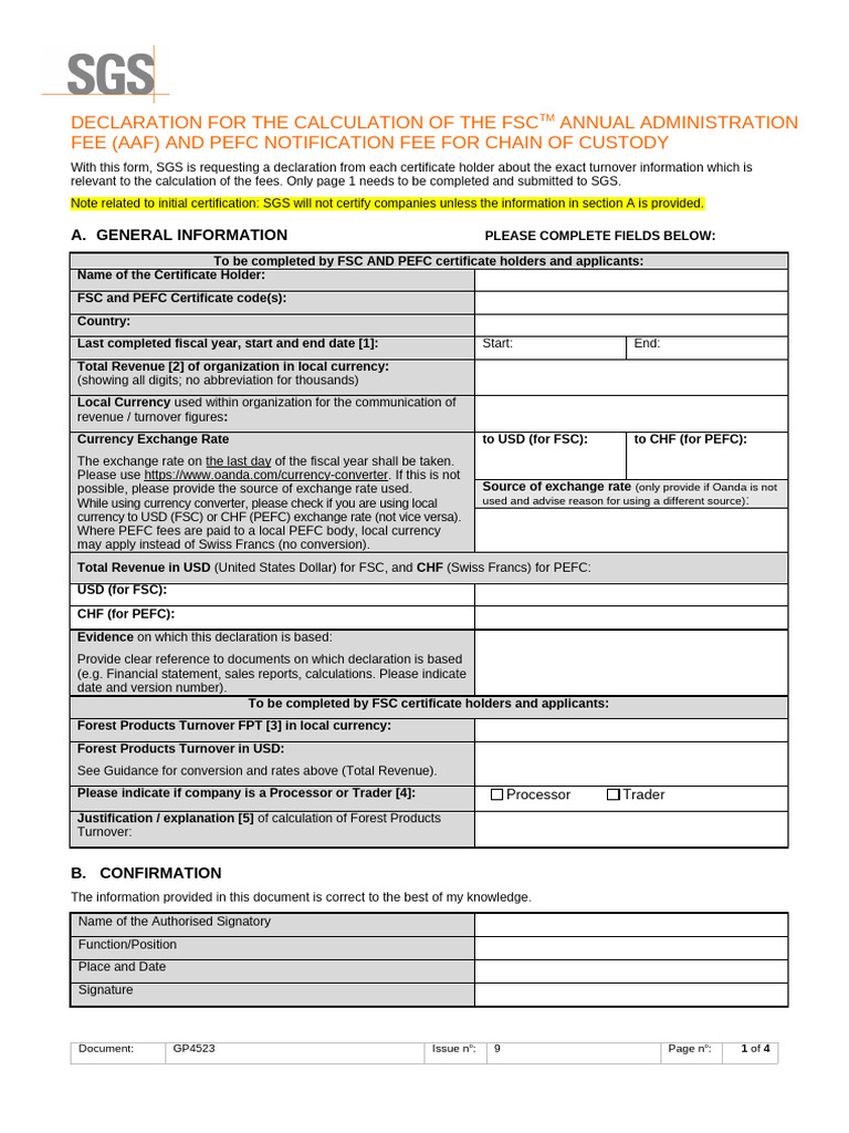 GP4523 Self Declaration | PDF | Forest Stewardship Council | Revenue