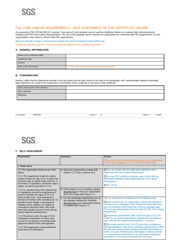 FSC Core Labour Requirements Self-Assessment | PDF | Employment ...