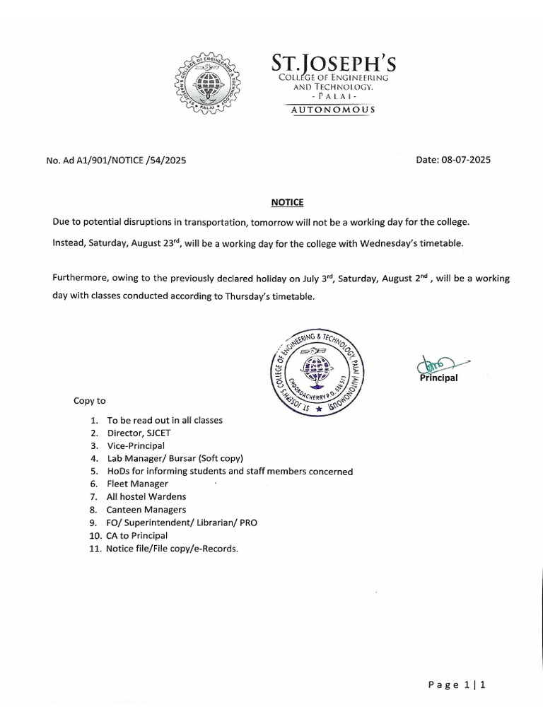 Notice-College Working Day - 08!07!2025 | PDF