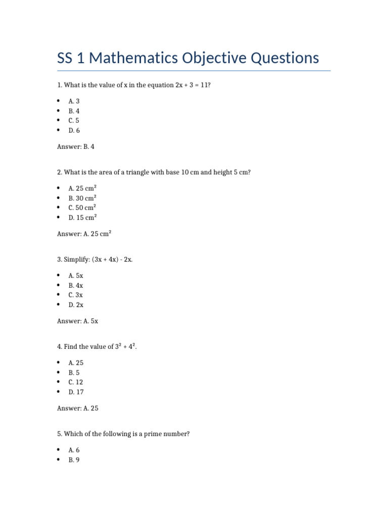 SS1 Mathematics Objective Questions | PDF