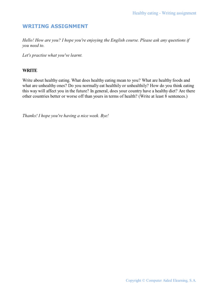 Healthy Eating - Writing Assignment - Es | PDF