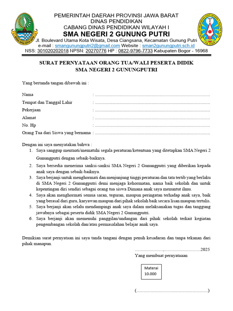 Surat Pernyataan Orang Tua Atau Wali Peserta Didik Rafa | PDF