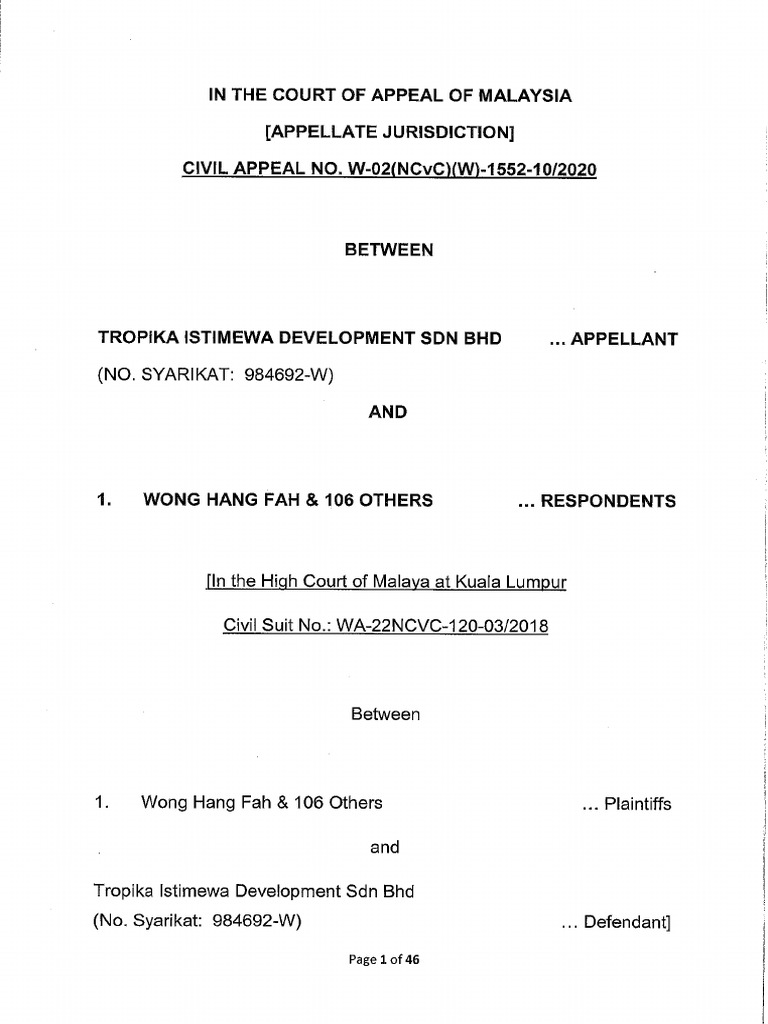 AP Tropika Istimewa Development SDN BHD V Wong Hang Fah & Others | PDF