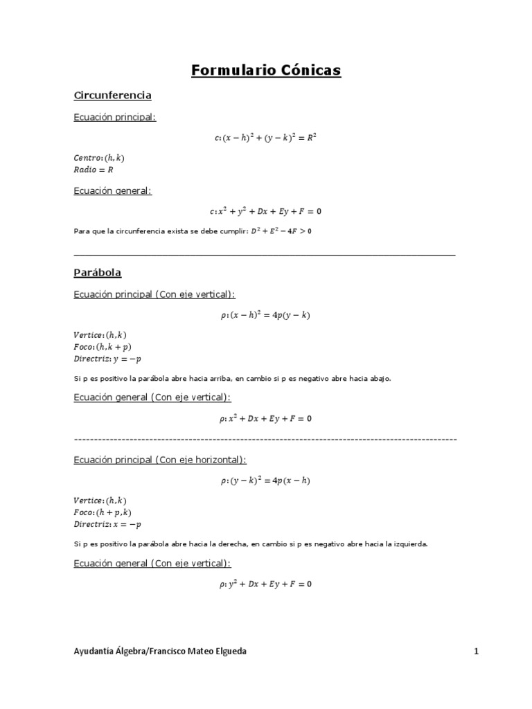 Formulario Cónicas | PDF