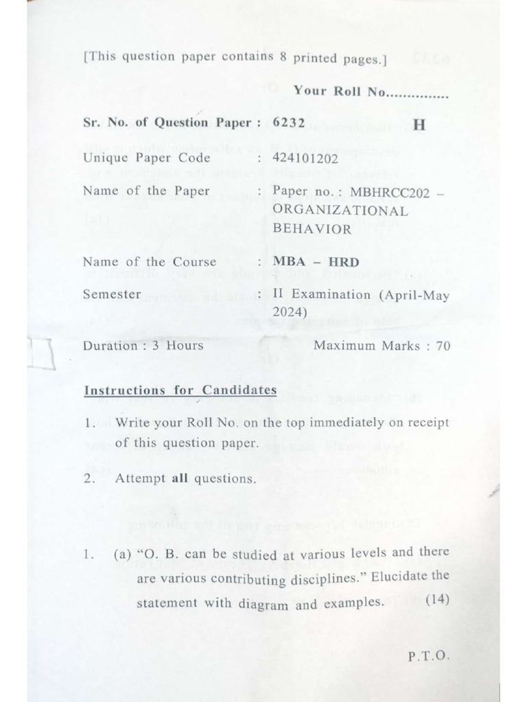 OB Question Paper - 2nd Sem | PDF