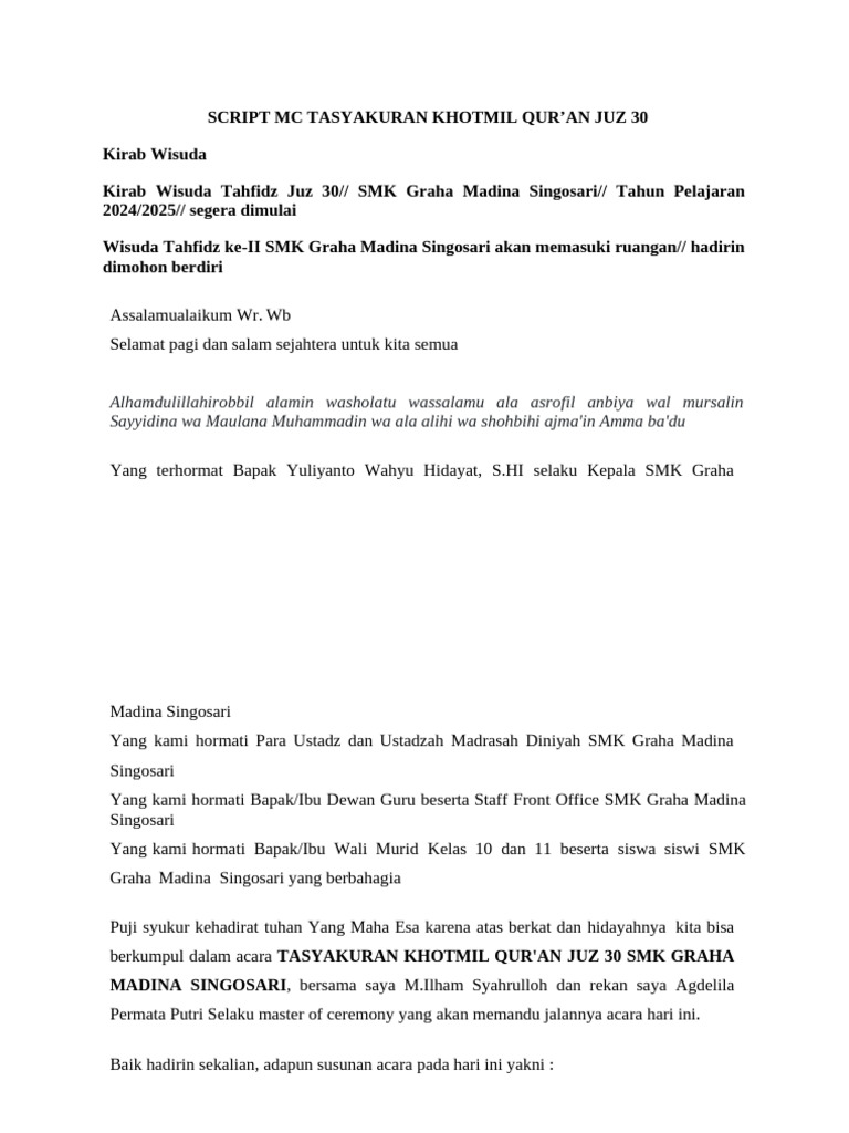 Script Mc Khotmil Qur'an Tahun 2025 | PDF