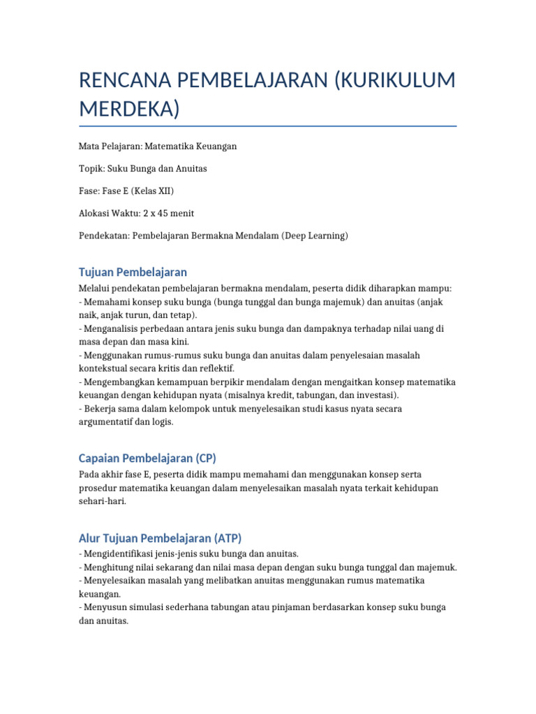 Rencana Pembelajaran Kurikulum Merdeka Suku Bunga Anuitas | PDF