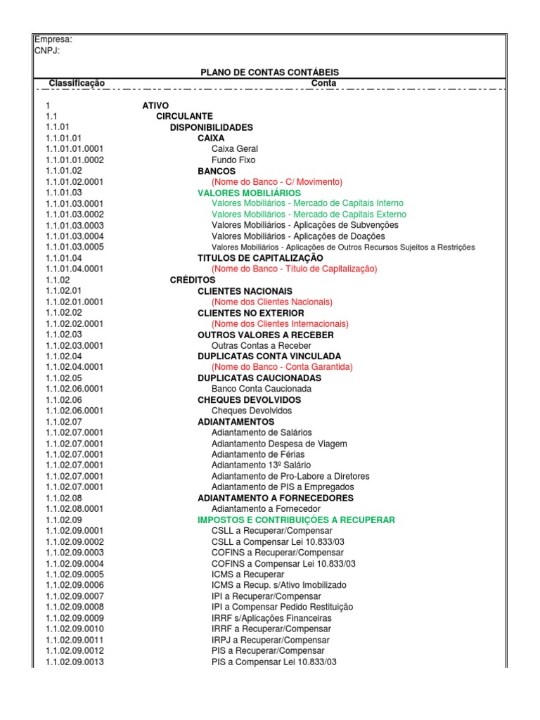 Plano de Contas Contábeis - Indústria e Comércio | PDF | Folha de ...