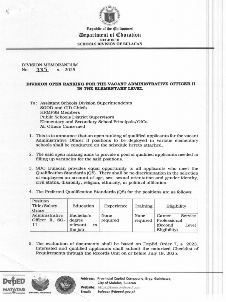 Division Memorandum No 335 S S 2025 | PDF