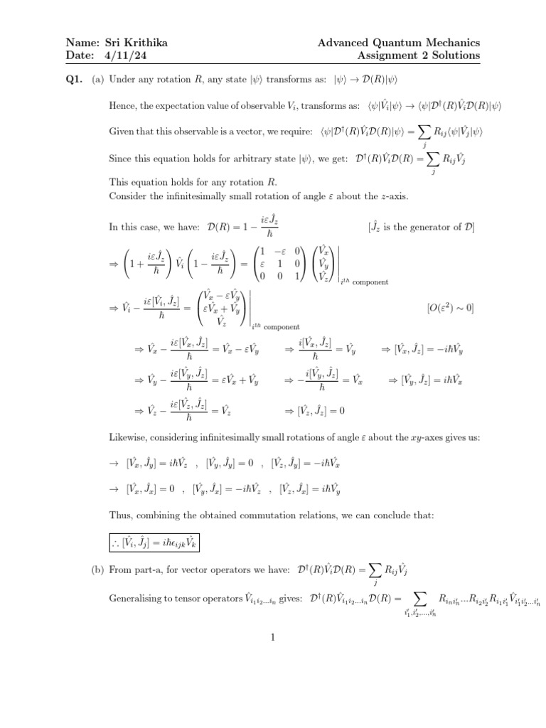 Name: Sri Krithika Date: 4/11/24 Advanced Quantum Mechanics Assignment 2 Solutions | PDF | Wave ...