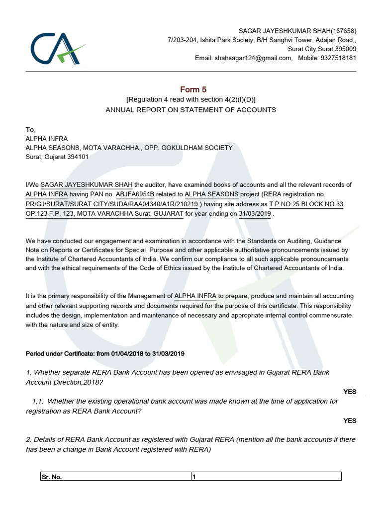 Annual RERA Audit Report for Alpha Infra | PDF | Loans | Audit