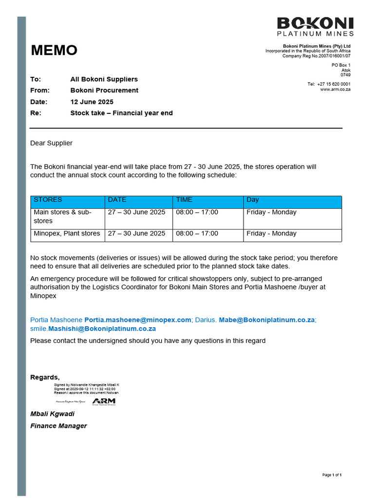 Bokoni - Suppliers Notice of Stock Take MEMO 27-30 June 2025 | PDF