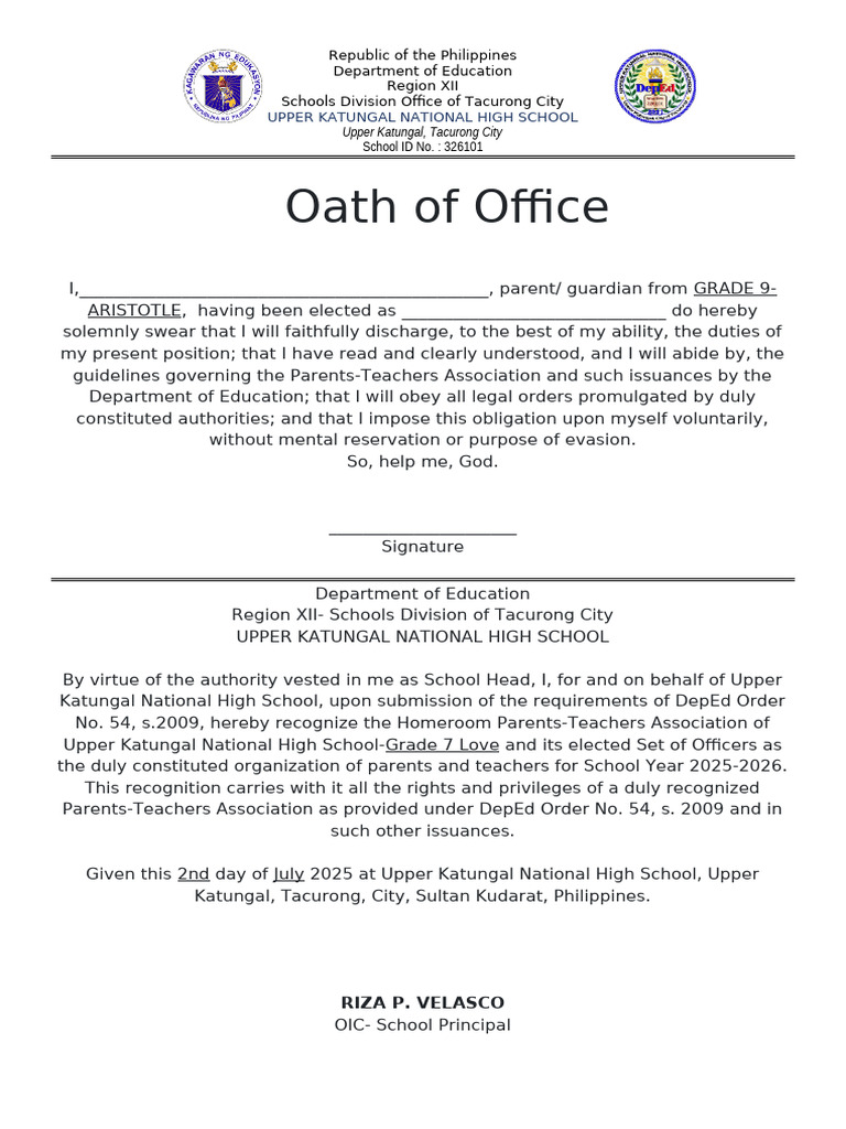 Oath of Office for PTA Officers 2025-2026 | PDF