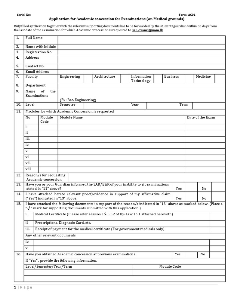 Academic Concession Form (Medical) - 0 | PDF