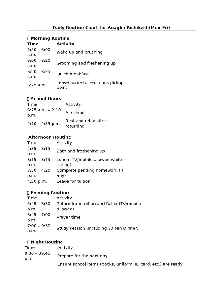 Anagha's Daily Routine Chart (Mon-Fri) | PDF