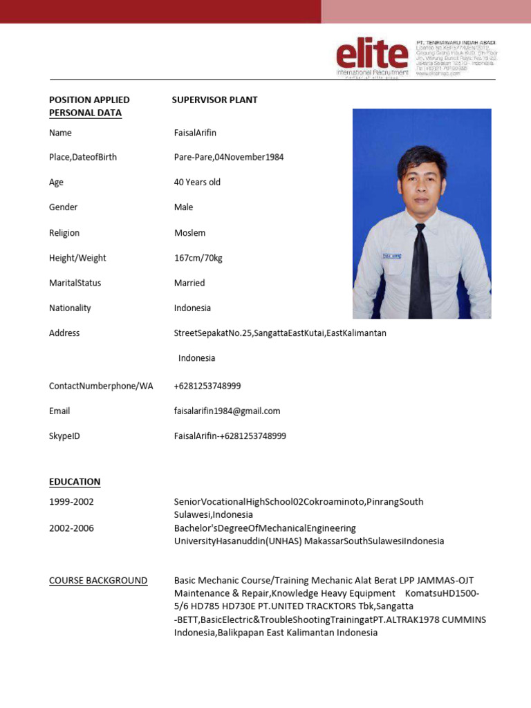 Supervisor Plant CV of Faisal Arifin | PDF | Engines | Mechanical ...