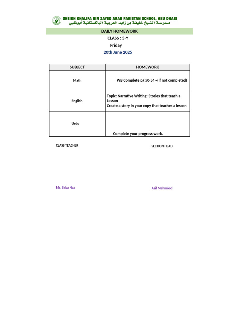 Friday Homework for Class 5-Y | PDF