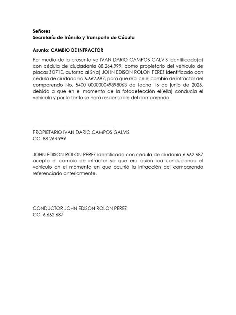 Cambio de Infractor | PDF
