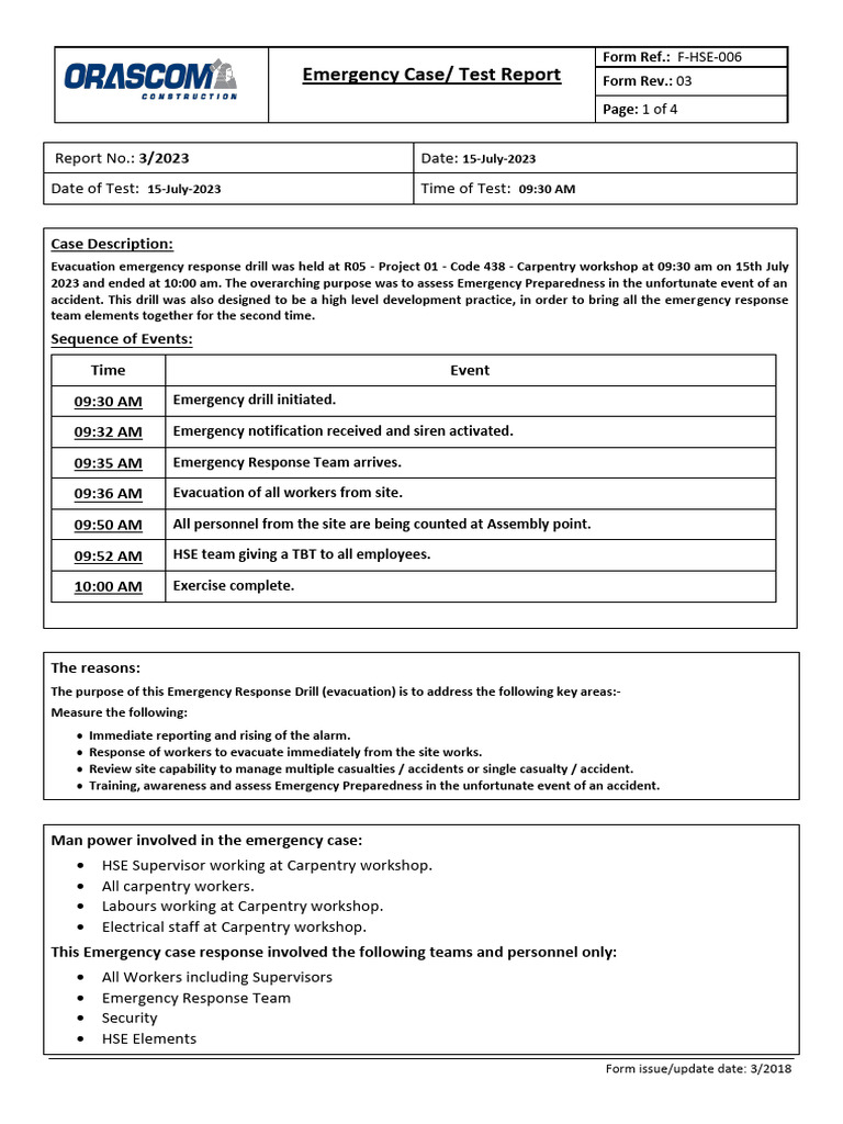 Emergency Response Drill Report | PDF | Emergency | Safety