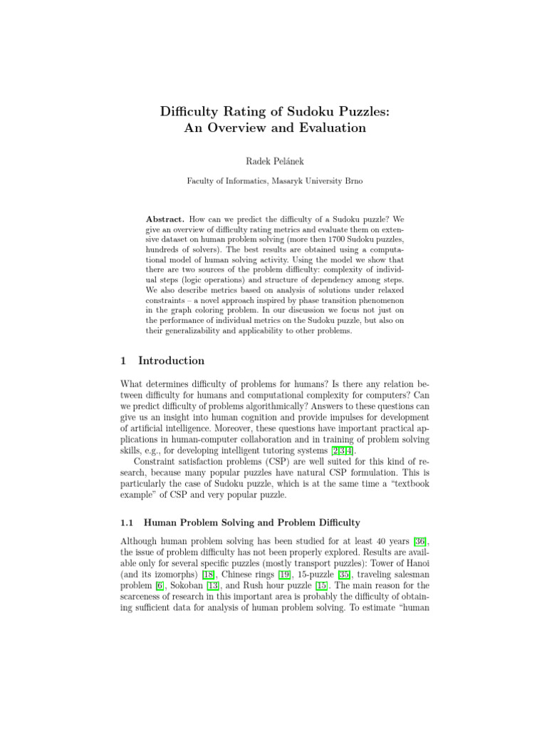 Evaluating Sudoku Difficulty Metrics | PDF