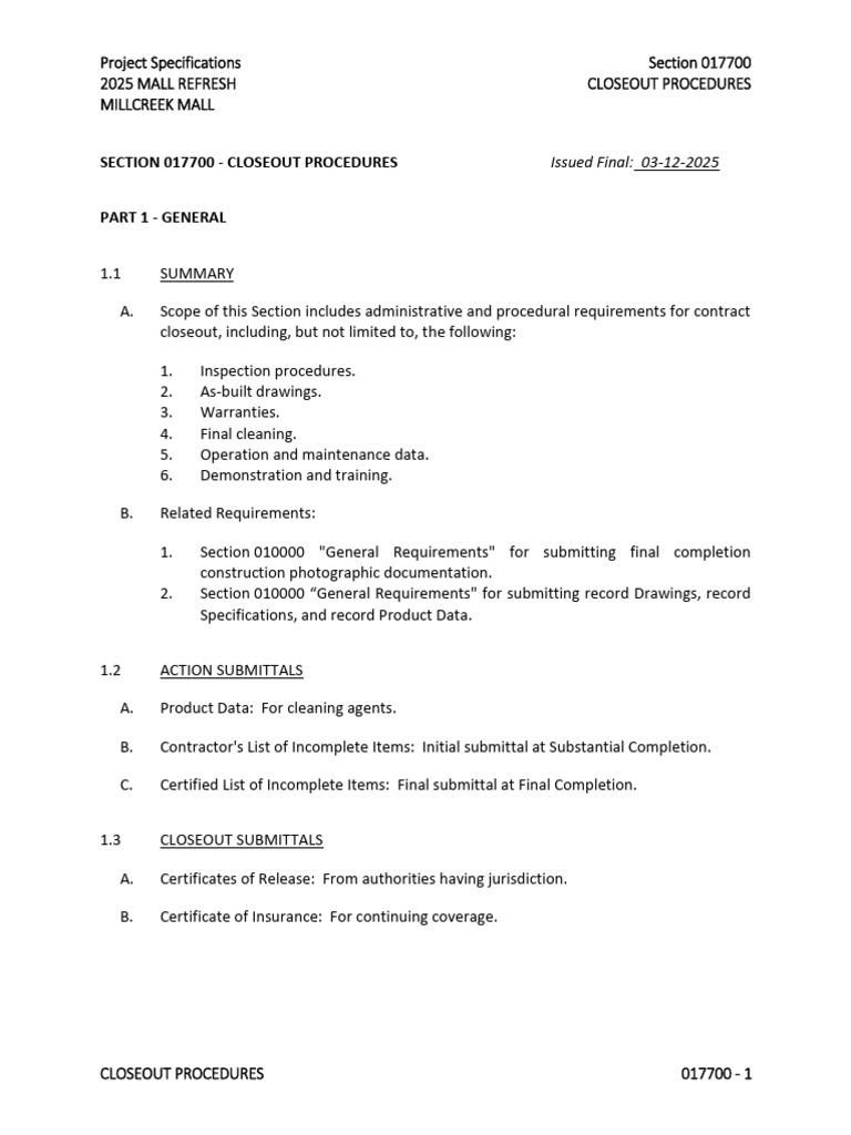 91-Refresh 017700 - Closeout Procedures | PDF | Specification ...