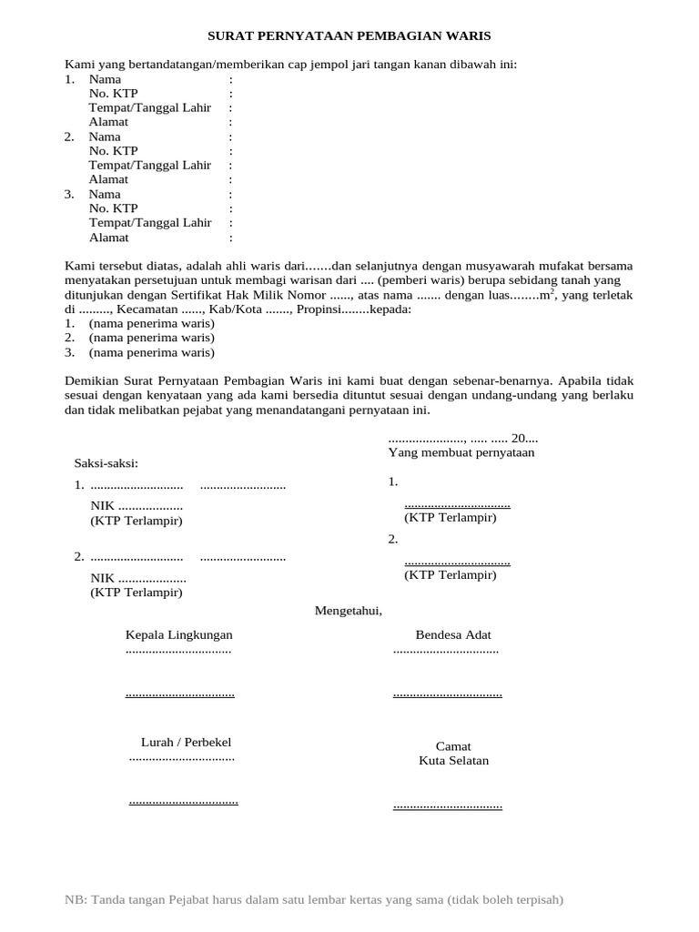 Surat Pernyataan Pembagian Waris | PDF