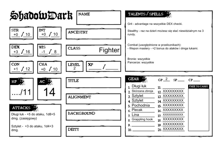 ShadowDark Character Sheet Fillable (Edytowane) | PDF