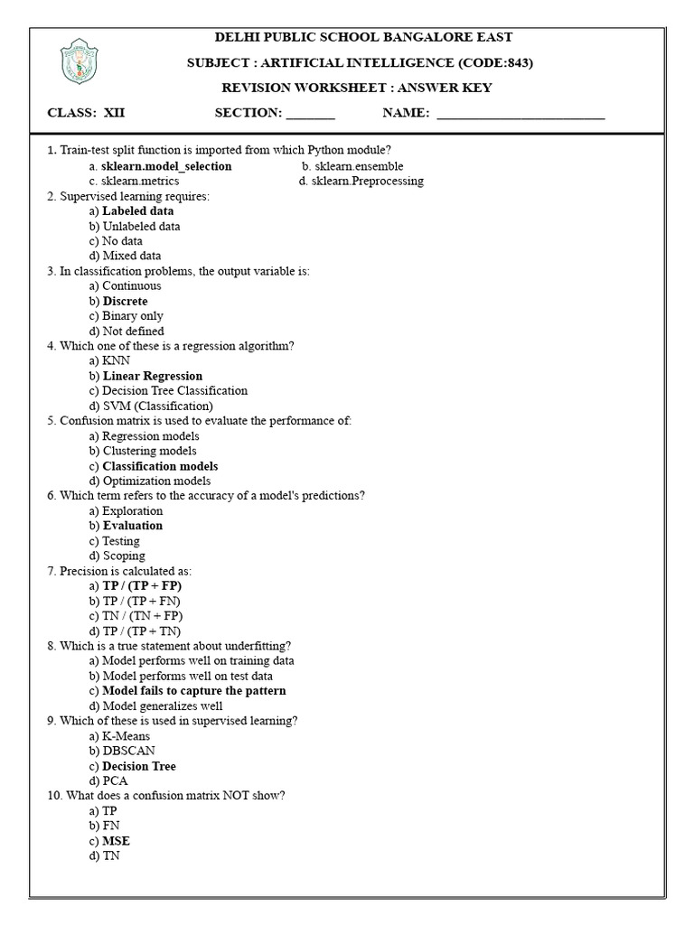 AI Revision Worksheet Answer Key | PDF | Machine Learning | Computer Vision