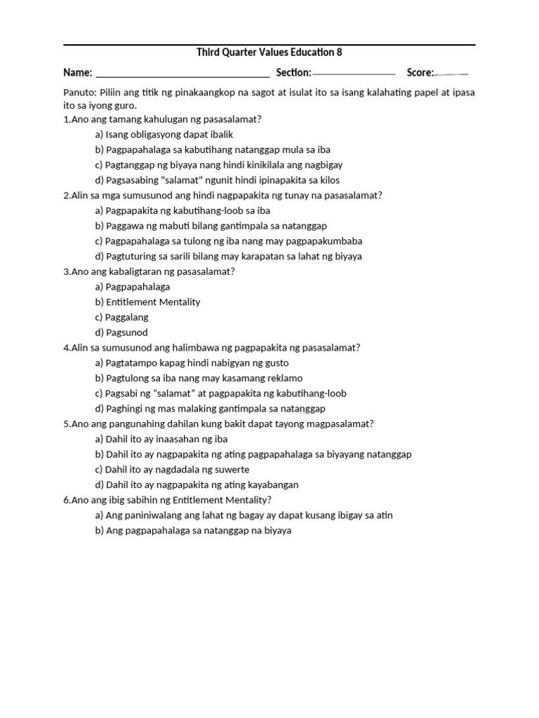 Esp 8 3rd Quarter Exam 2025 | PDF