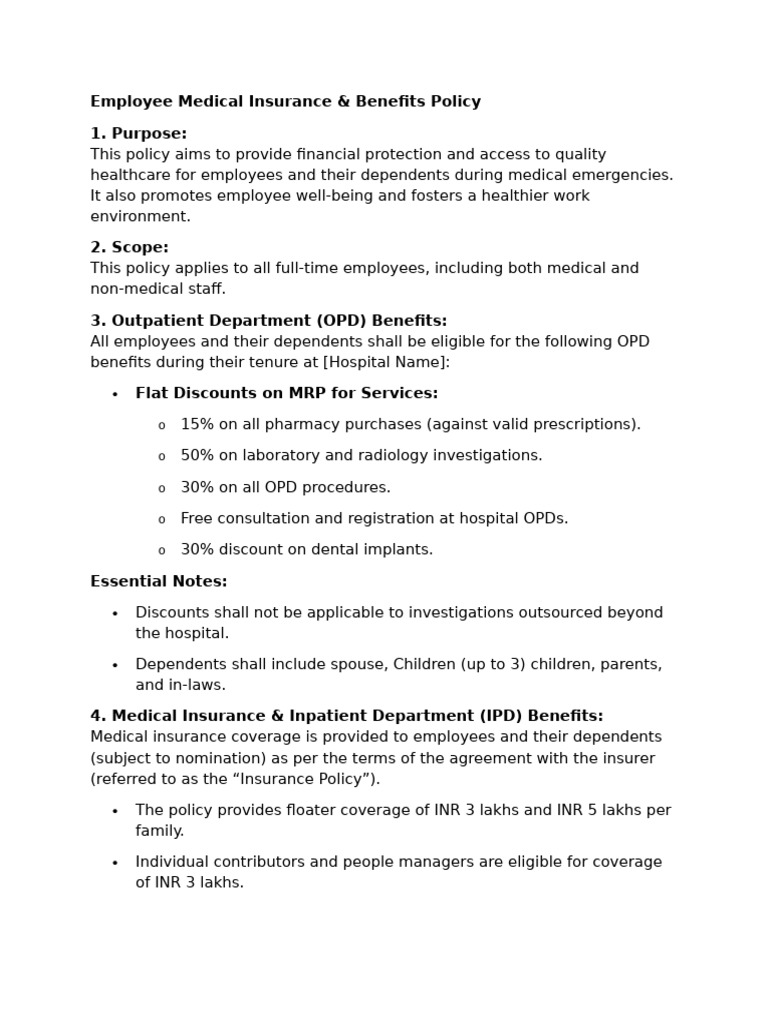 Employee Medical Insurance Benefits Policy | PDF | Insurance | Service ...