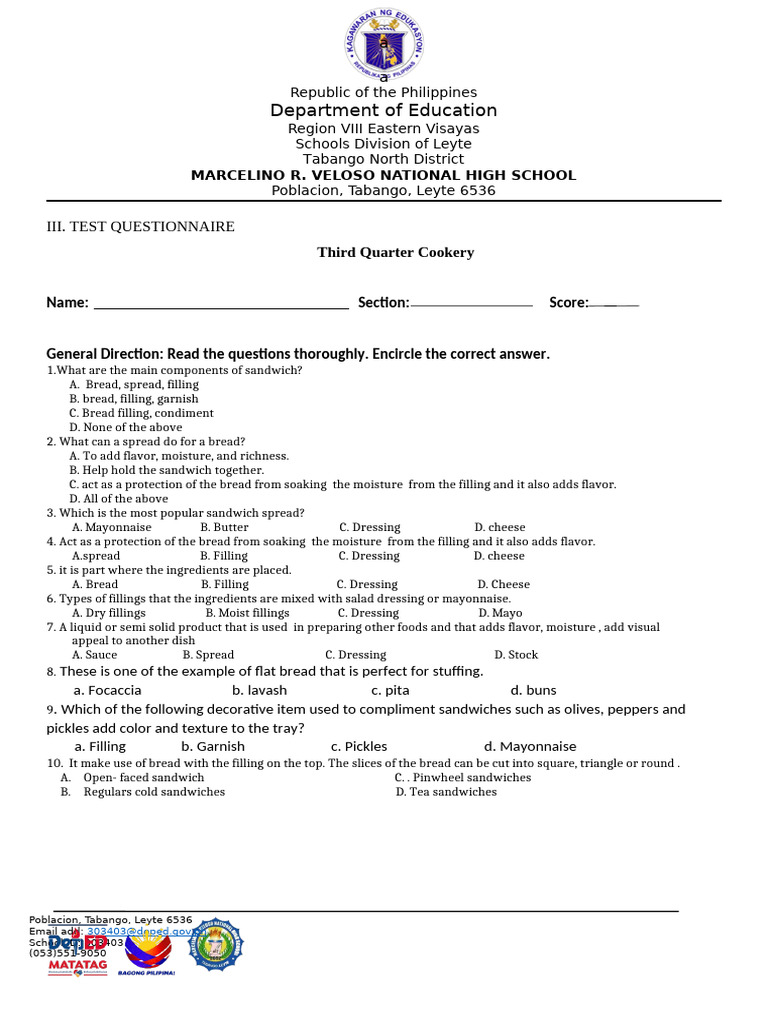 3RD QUARTER COOKERY 9 EXAM Answer Key | PDF | Breads | Sandwich