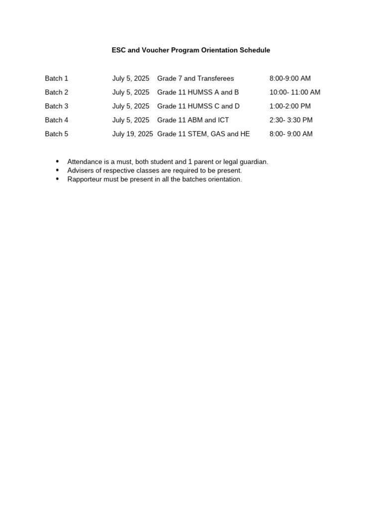 ESC and Voucher Program Orientation Schedule | PDF