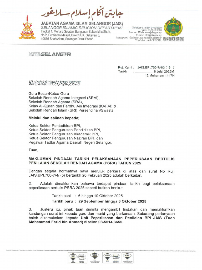 Surat Pindaan Tarikh PSRA 2025 | PDF