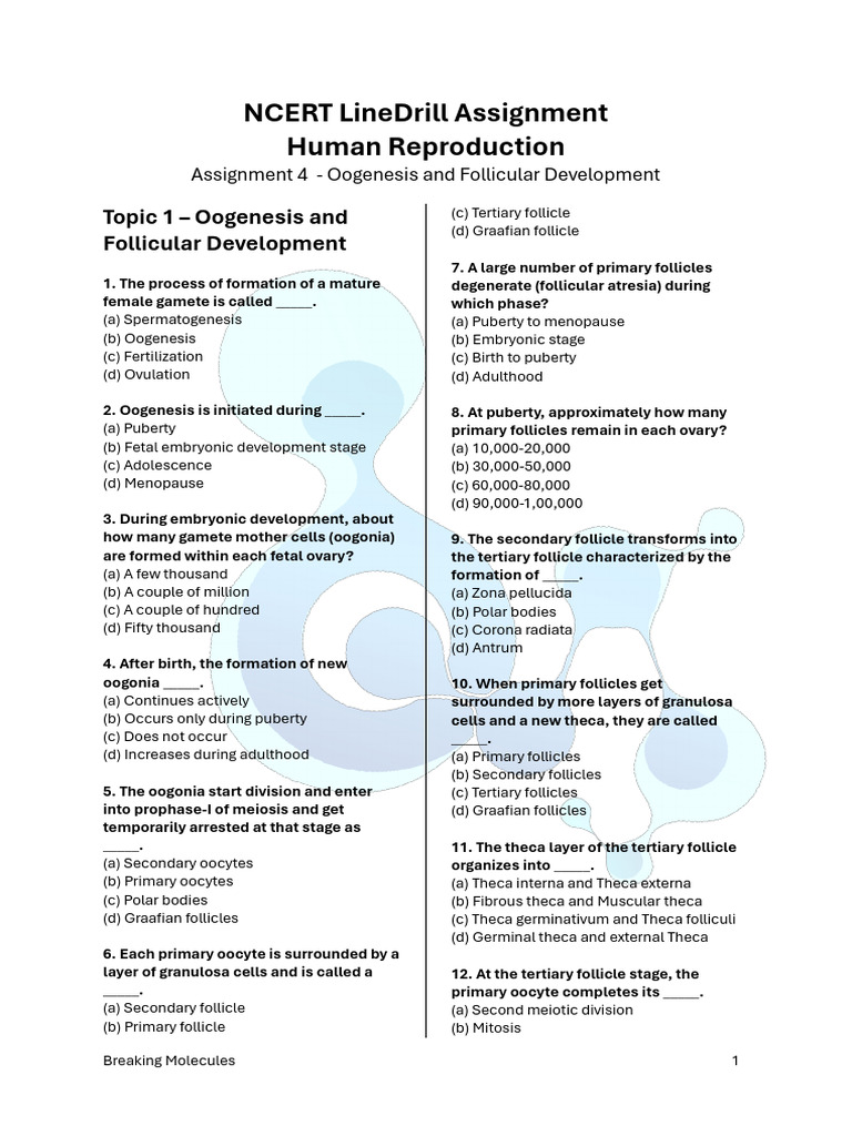 NCERT LineDrill Assignment 4 - Human Reproduction | PDF | Meiosis ...