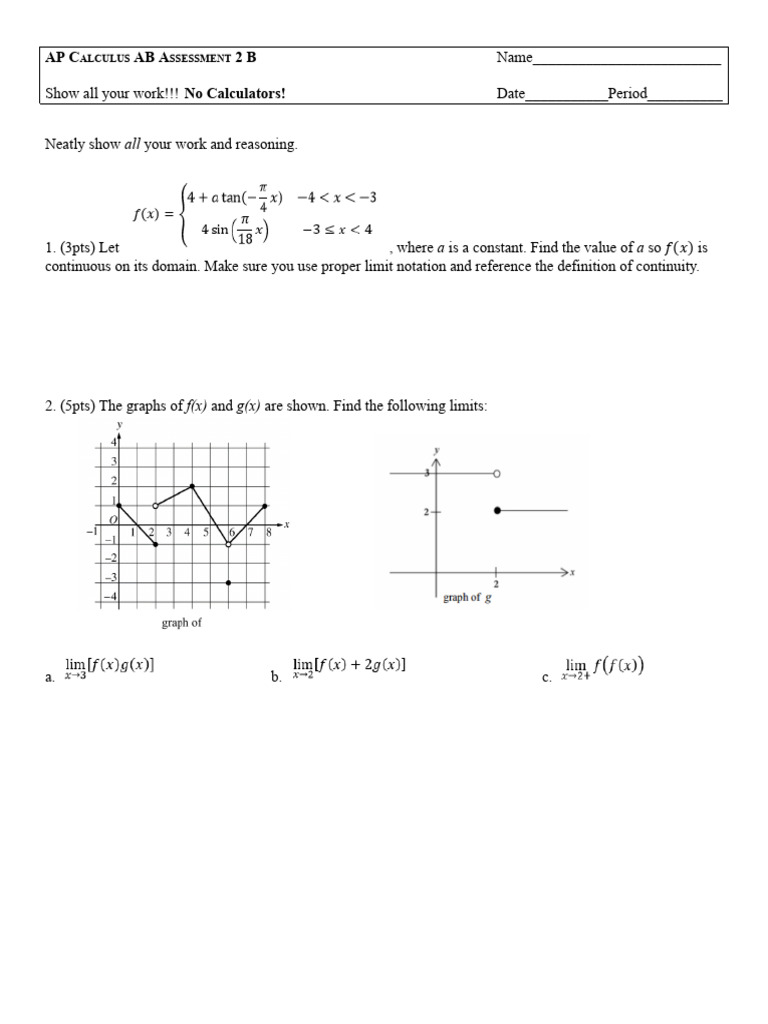 AP Calculus AB Unit 1 Practice Test | PDF