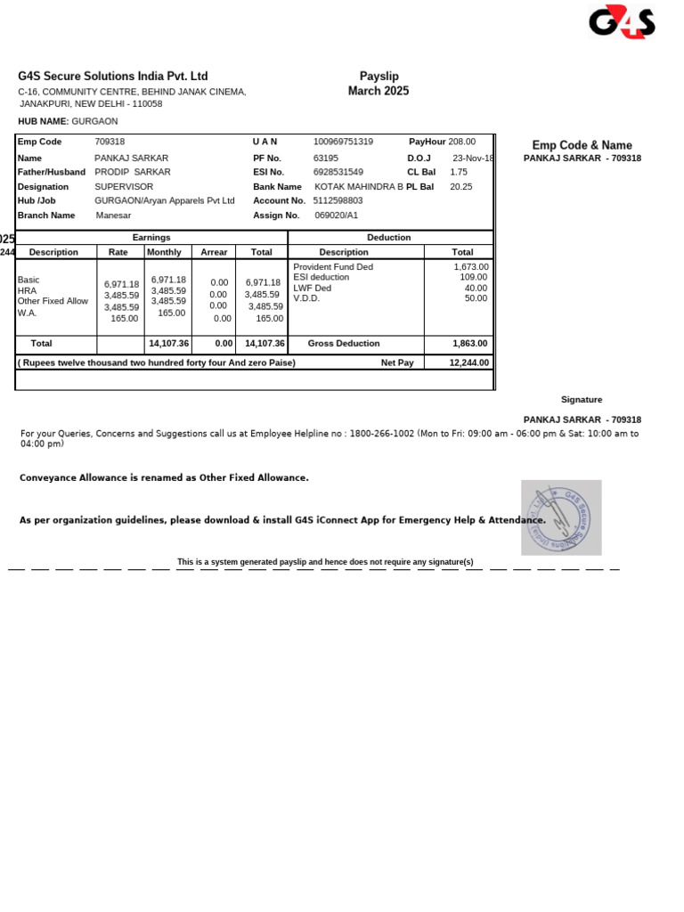 G4S India Payslip for Pankaj Sarkar | PDF