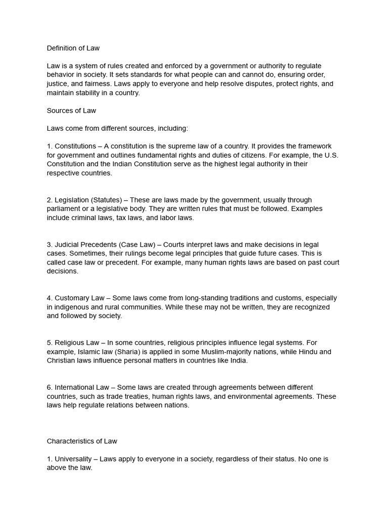 Definition of Law, Sources and Characteristics | PDF | Constitution ...