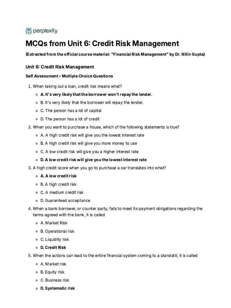 Credit Risk Management MCQs | PDF | Financial Risk | Finance & Money ...