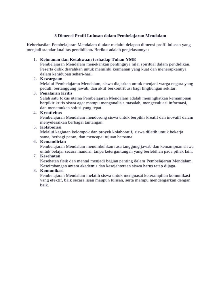 8 Dimensi Profil Lulusan Dalam Pembelajaran Mendalam | PDF